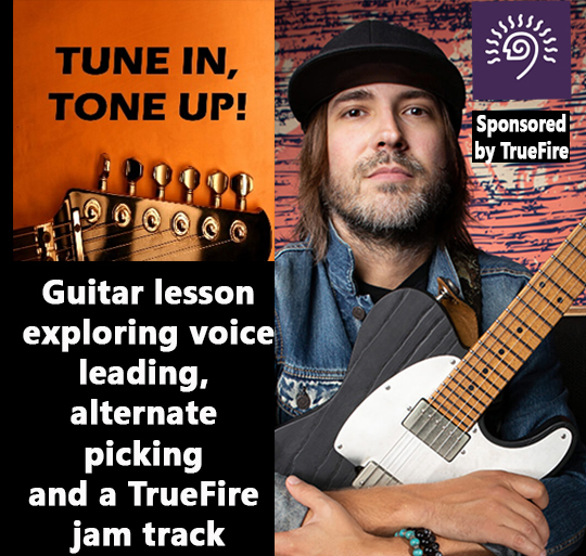 Guitar lesson exploring voice leading, alternate picking and a TrueFire ...